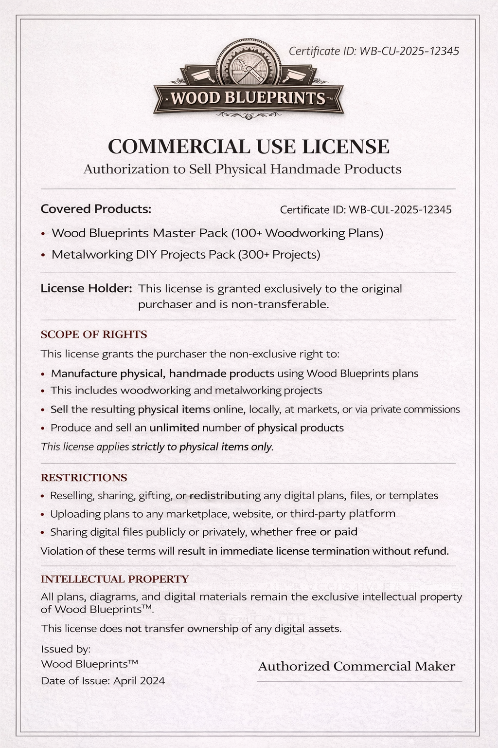 Commercial Builder License – Wood Blueprints